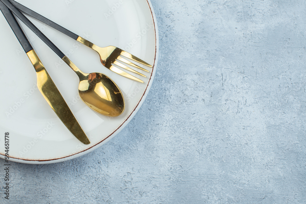 Elegant cutlery set in empty white soup plates on half dark light gray ...