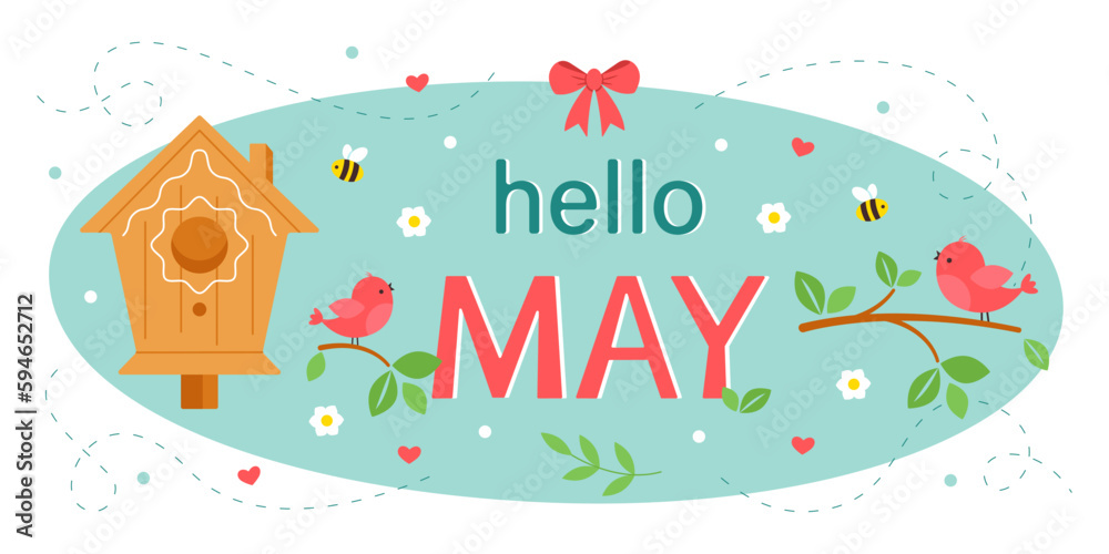 Hello May. Postcard with a house for birds. Cute birds on a branch and ...