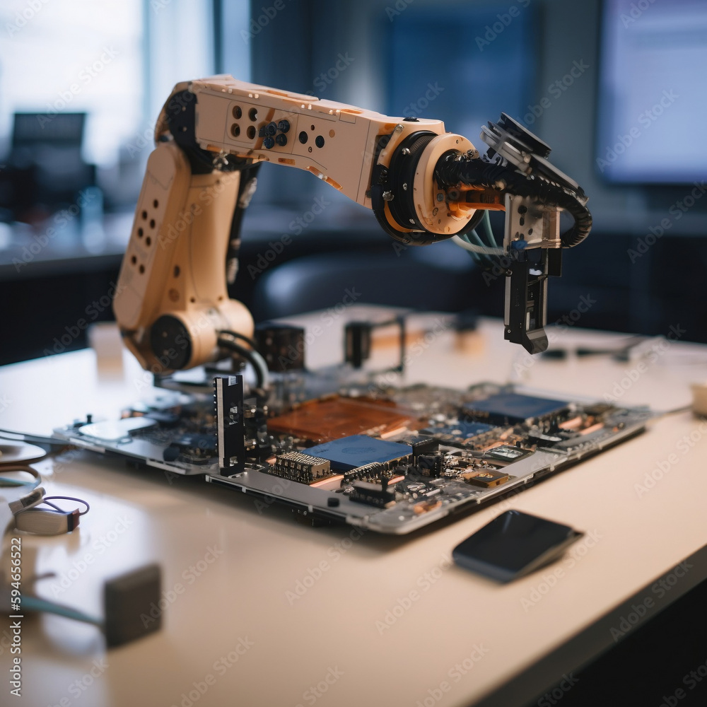 AI-driven robotic arm equipped with an array of tools, diligently ...