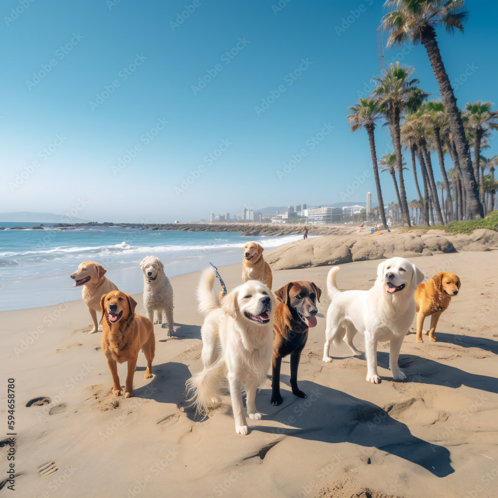 Group of dogs playing on beach with people, blue sky and water, various ...