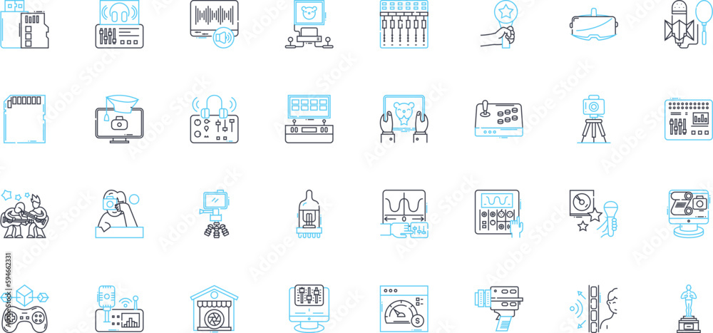 Sound production linear icons set. Acoustics, Amplification, Beats, Clipping, Compression ...