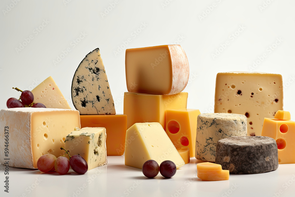 Cheese panorama, many different types of cheeses, a side view on the ...