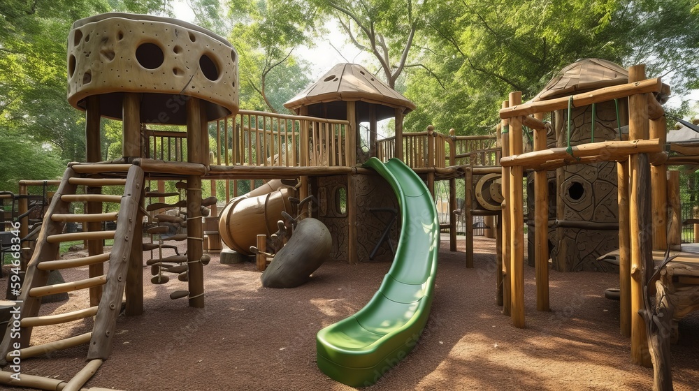 A jungle gym-inspired play area with climbing walls, monkey bars, and ...