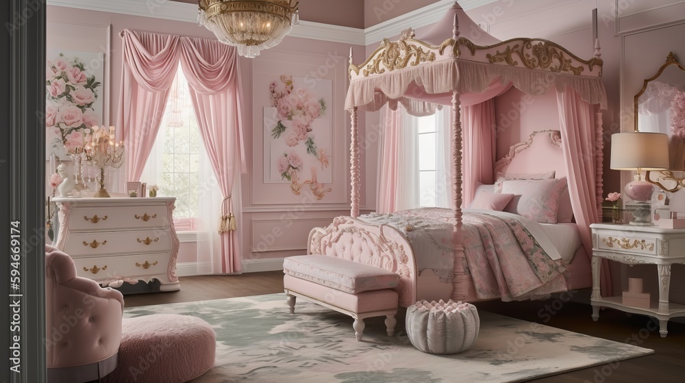 A princess-themed room with a regal canopy bed and fairy tale accents ...