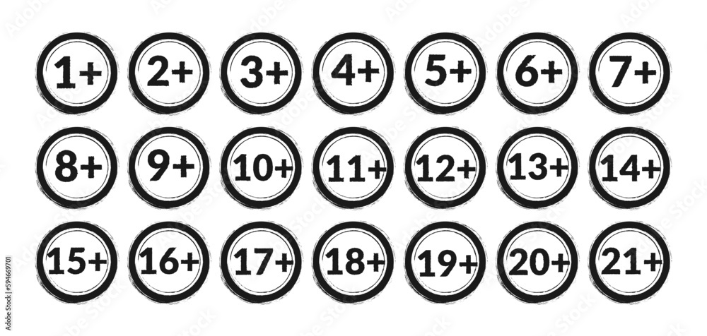 Age limit stamp icon vector set. Children year plus sign. Grunge label ...