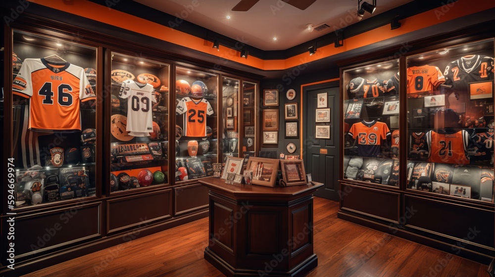 A sports-themed room with jerseys, trophies, and equipment on display ...