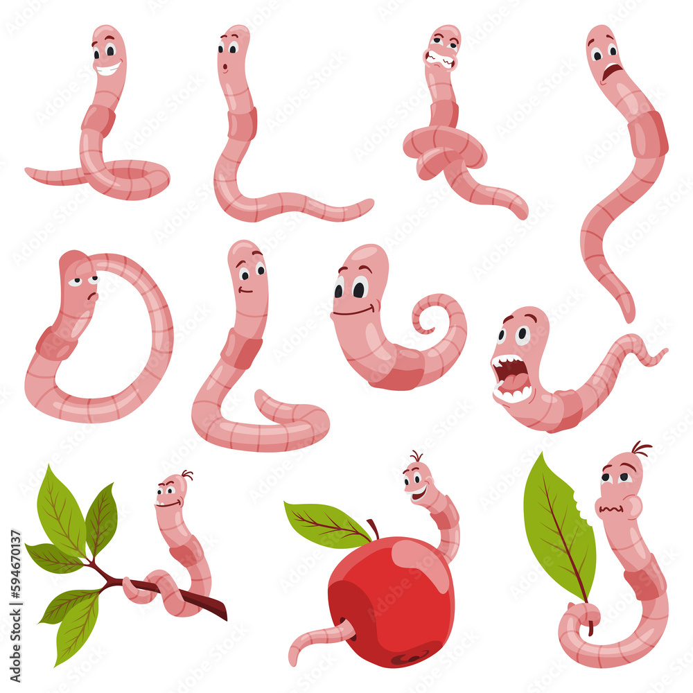 Funny worms collection. Soil crawlers with various emotion expressions ...