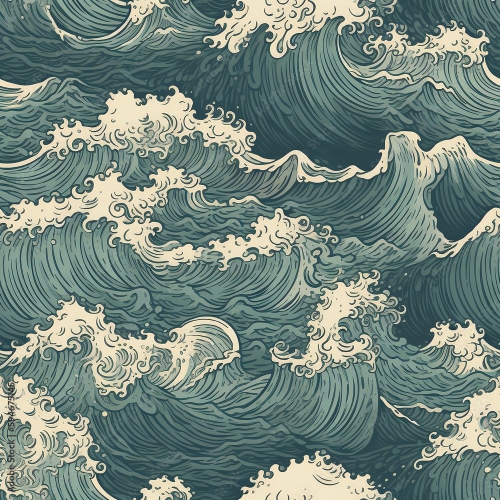 traditional japanese folk painting style ocean waves seamless texture ...