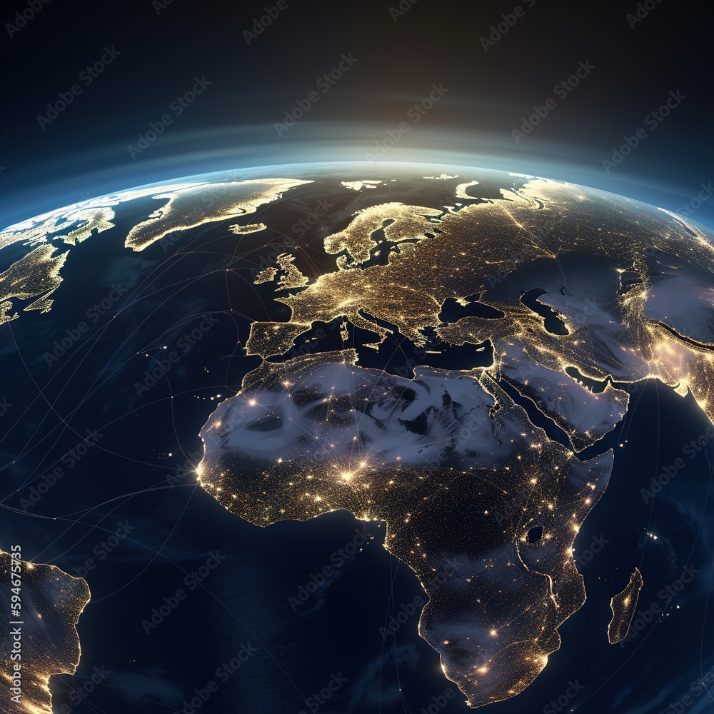 digital map of the earth and huge network gradually visible by sun ...