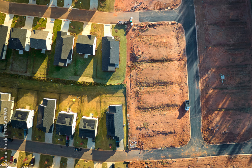 View from above of densely built residential houses under construction ...