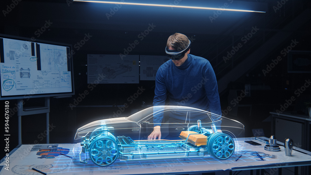 Automotive Engineer Wearing VR Headset Working on 3D Electric Car ...