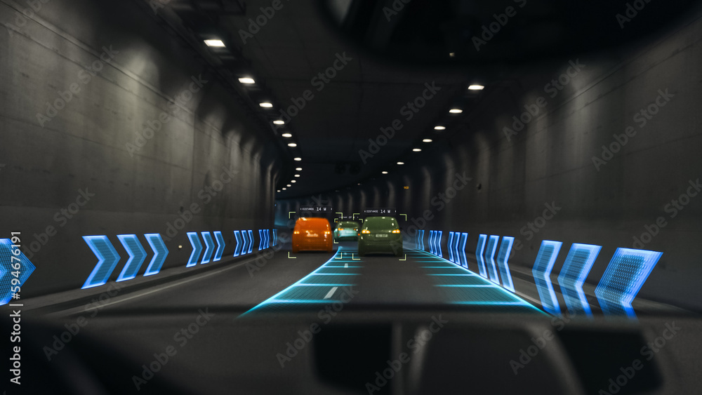 ภาพประกอบสต็อก Futuristic Autonomous Self-Driving Car Moving Through ...