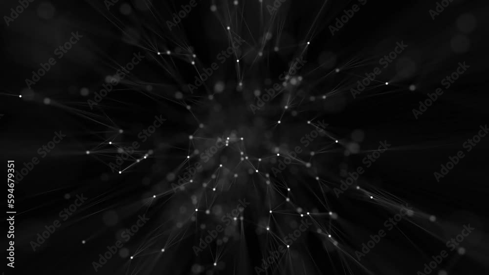 A high-tech screensaver of white particles flying against a black ...