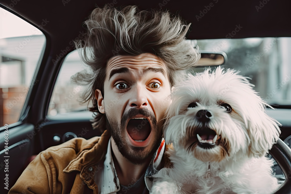 Millennial man with shouting squeamish grimace on his face holds fluffy ...