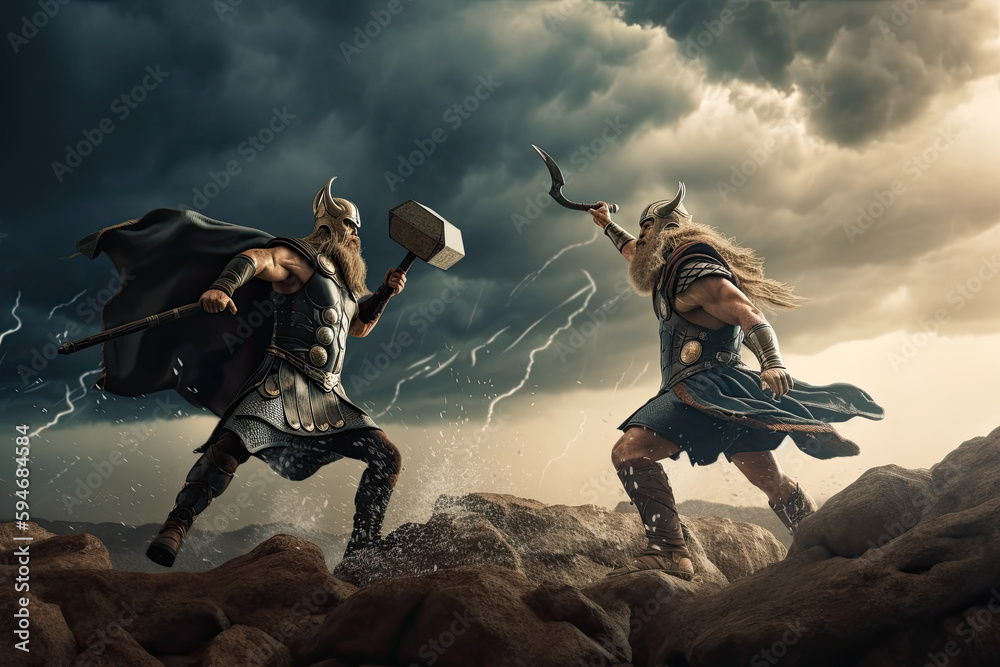 Thor versus Loki in a battle with thunder in the background (Created ...