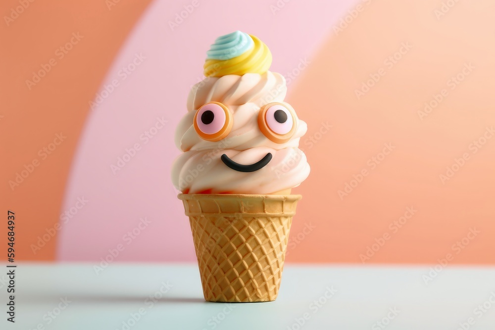 A happy smiling ice cream cone against a pastel background created with ...