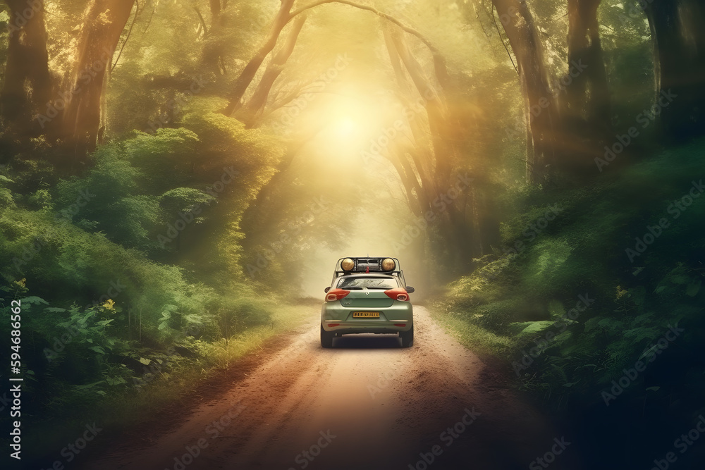 Eco car on forest road with earth planet going through forest ...