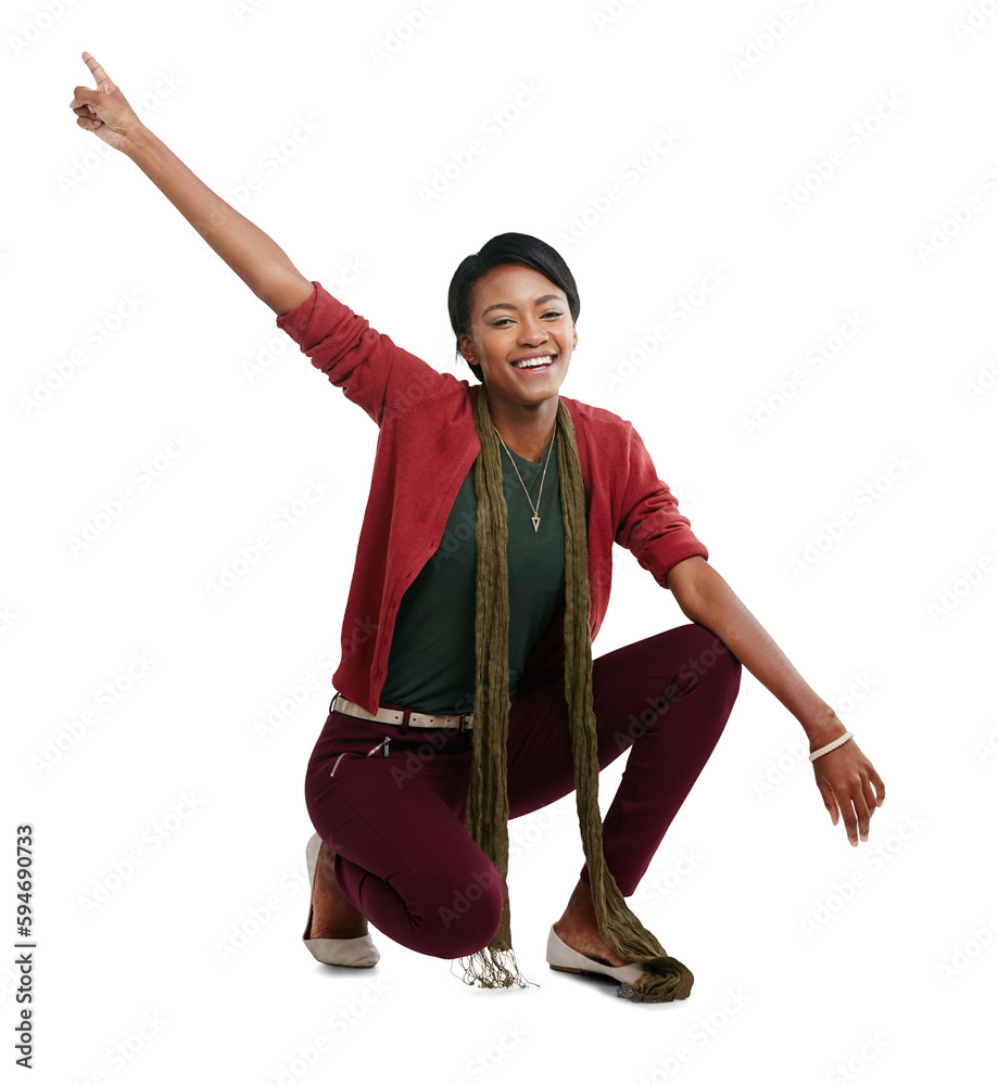 Black woman, portrait and pointing dance with smile, trendy fashion and ...