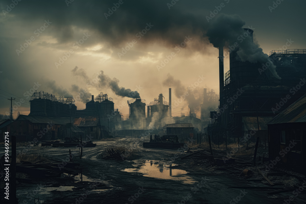 ภาพประกอบสต็อก The photo depicts a view of a gloomy, gray factory city ...