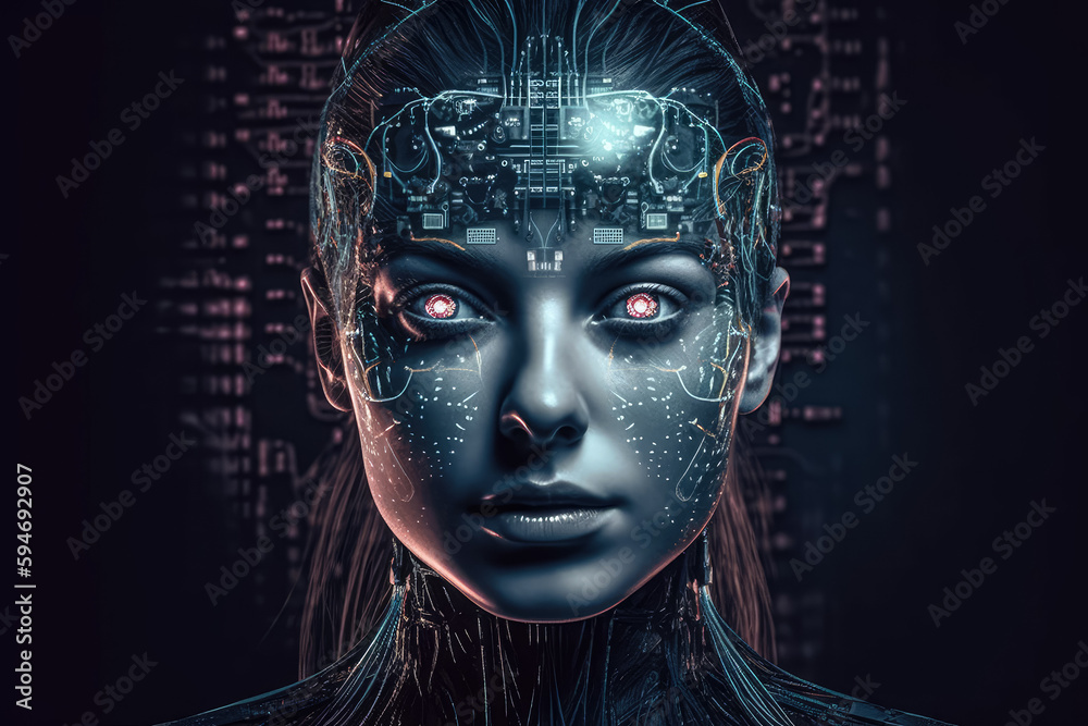 The photo shows the silver face of a humanoid robot woman with various ...