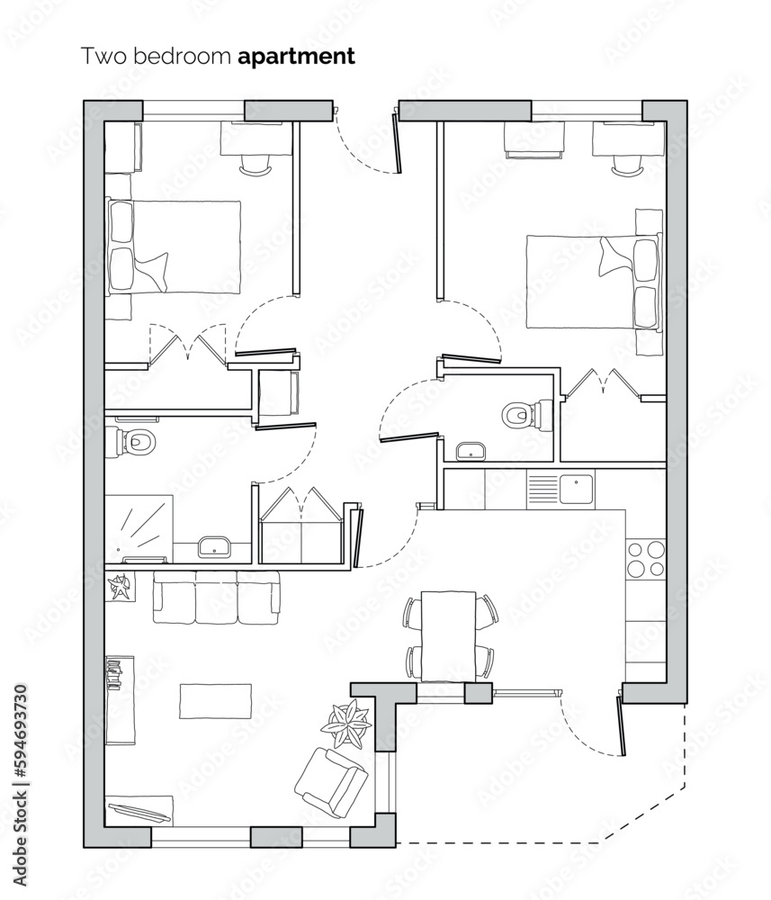 Two bedroom apartment floor plan. Top view flat vector illustration ...