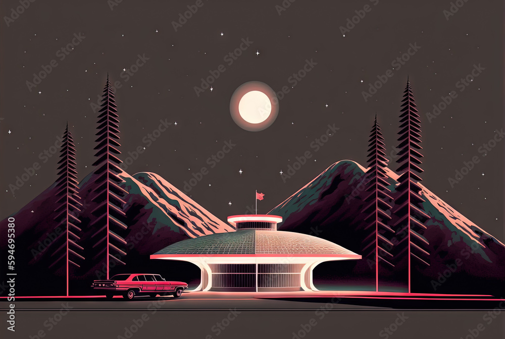 Retrofuturistic landscape in 80s sci-fi style. Retro science fiction ...