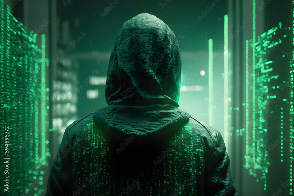 A Professional Hacker in the glowing green digital Background with Elements of Binary Code and ...