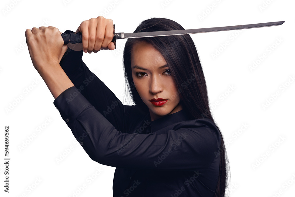Ninja portrait, sword fight and woman isolated on transparent, png ...