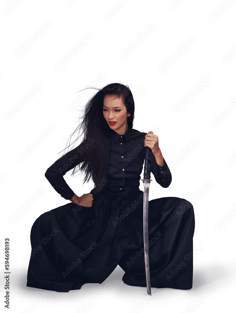 Samurai woman, warrior pose with sword and fantasy, Japanese cosplay ...
