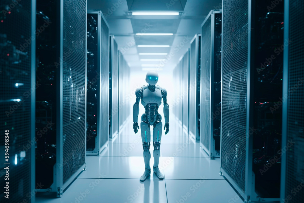 Robot Looking at Camera in server room. Artificial intelligence is self ...
