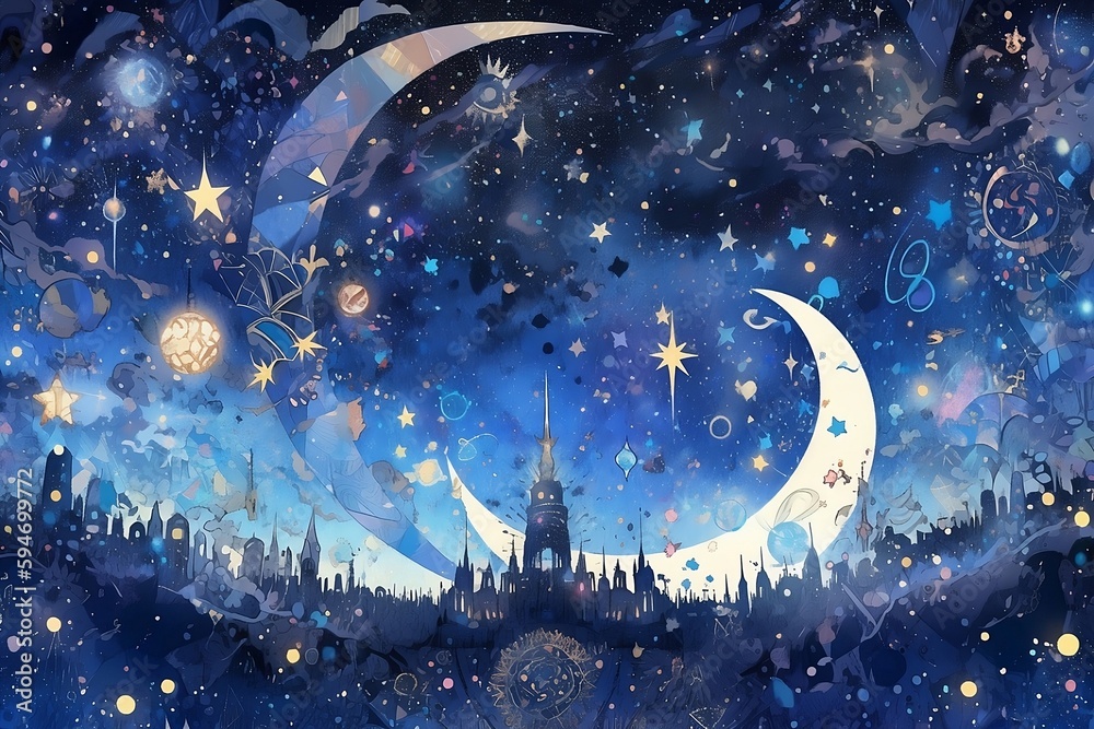 A cosmic image of a starry night sky, with a crescent moon and ...