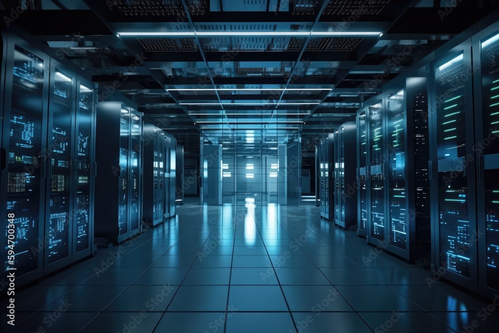 Working Data Center Full of Rack Servers and Supercomputers, Modern ...