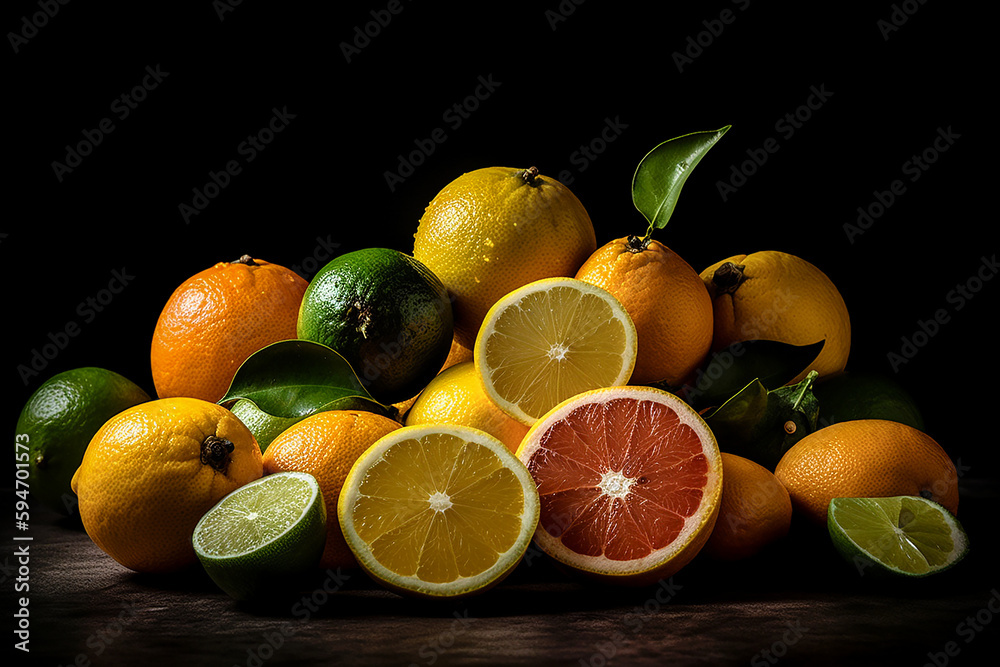 Citrus Fruits Still Life. Generative AI. A digital painting of a pile ...