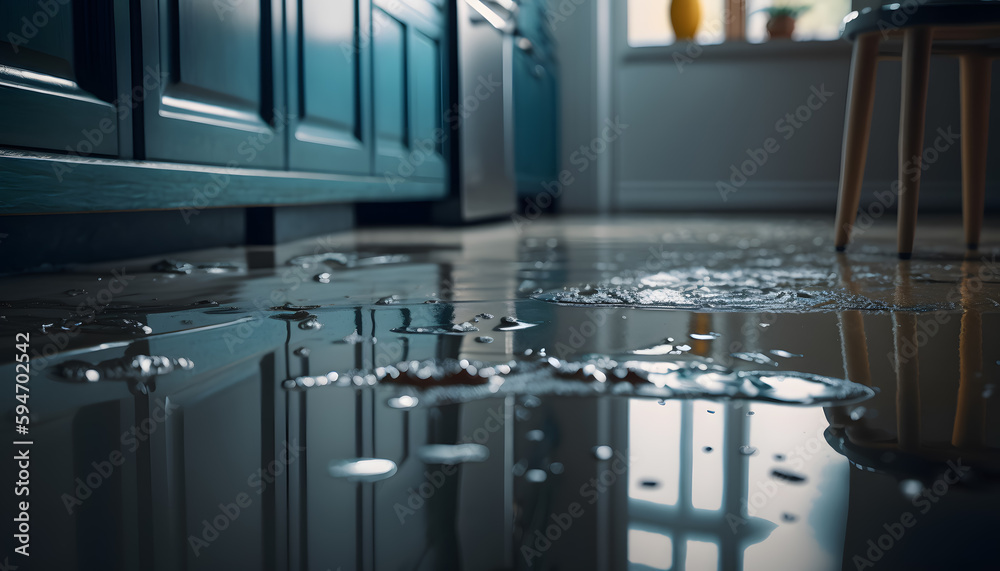 Flooded floor in kitchen from water leak. Damage , Property insurance concept. Generation AI ...