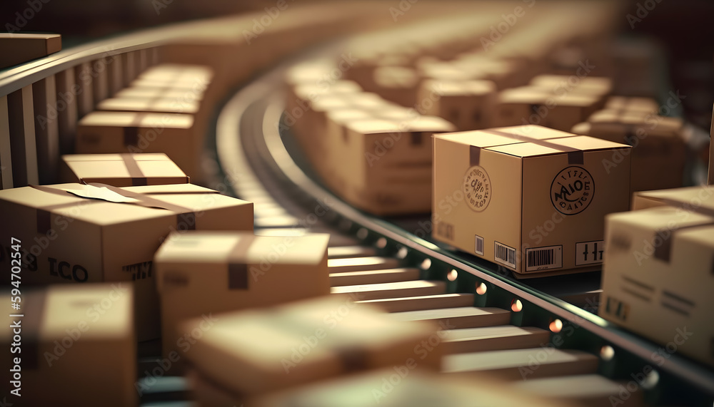 Modern logistics center, moving cardboard boxes on conveyor belt ...