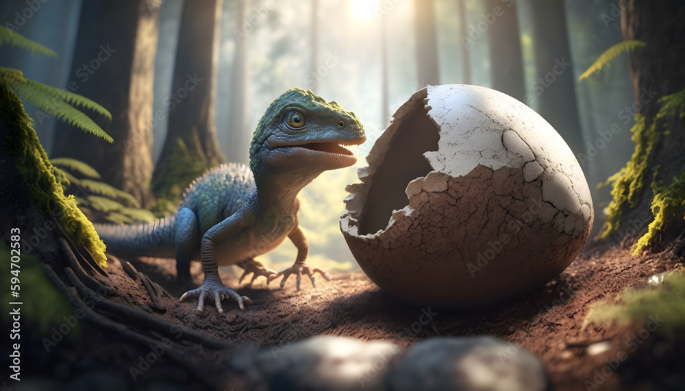 Young dinosaur T Rex hatches from an egg in forest in habitat, Jurassic ...