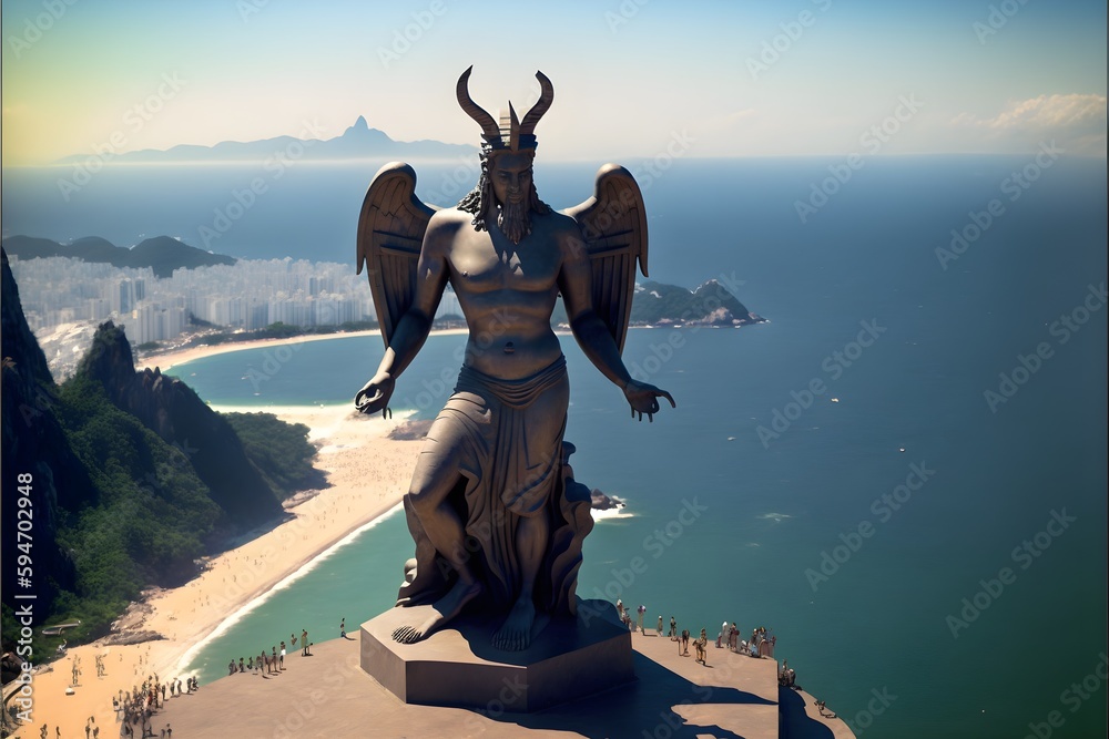 full body aerial view statue horned devil loking at the sea Rio de ...