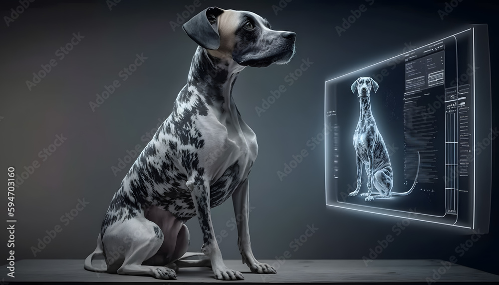 Dog lying on table before scanning in xray, ultrasound equipment in ...