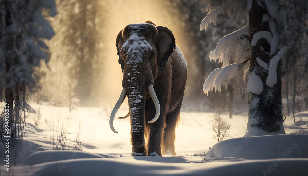 Woolly mammoth with sunlight, prehistoric animal in landscape frozen ...