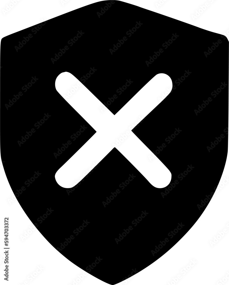 dirty black shield shape icon with insecure crossmark ten, simple ...