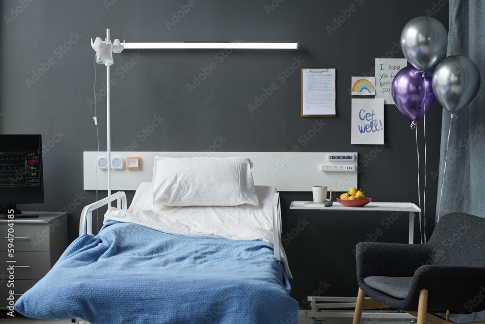 Horizontal image of modern hospital ward with bed decorating with ...