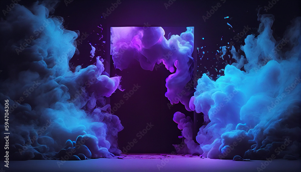 Dark neon stage with blue purple neon smoke in background. Neon empty ...