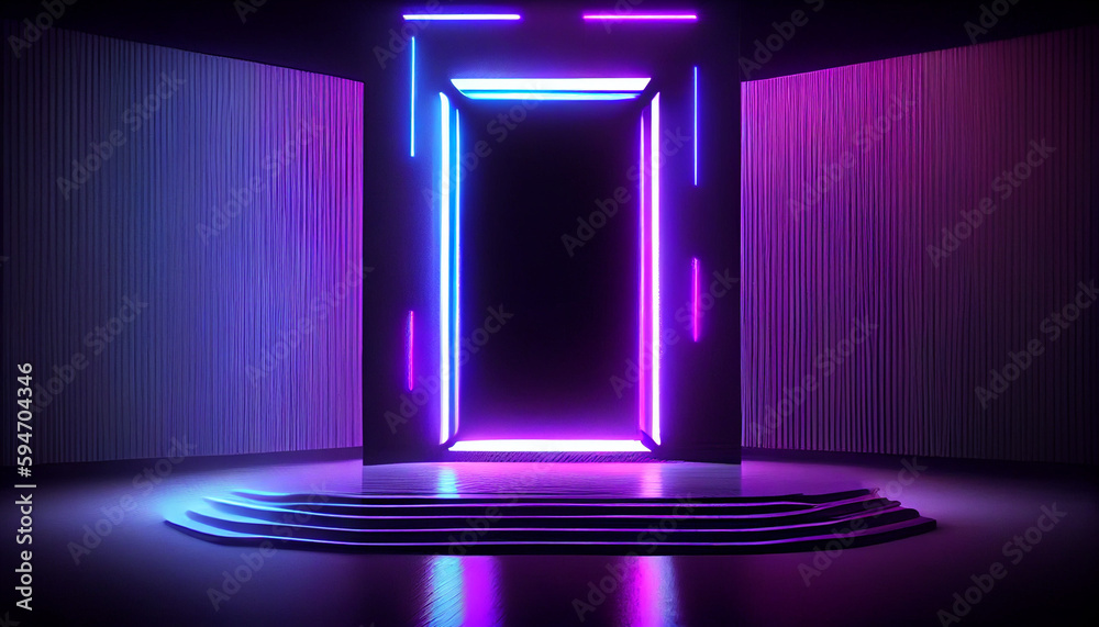 Dark neon stage with blue purple neon smoke in background. Neon empty ...