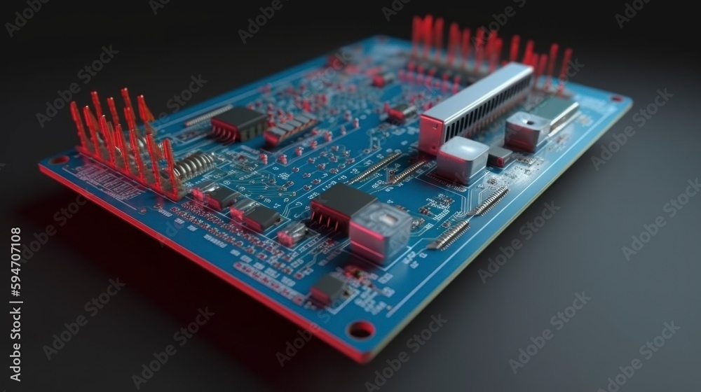a close up view of red plastic neon glowing electronic circuit board ...