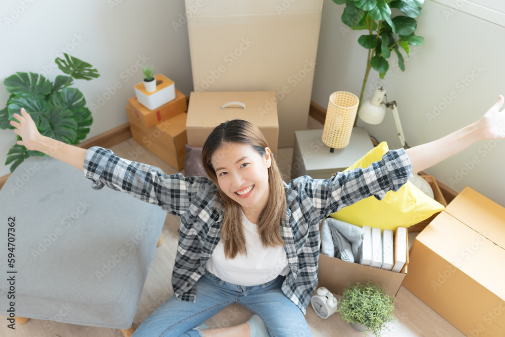 Moving house, relocation. Woman feel good and recreation on new ...