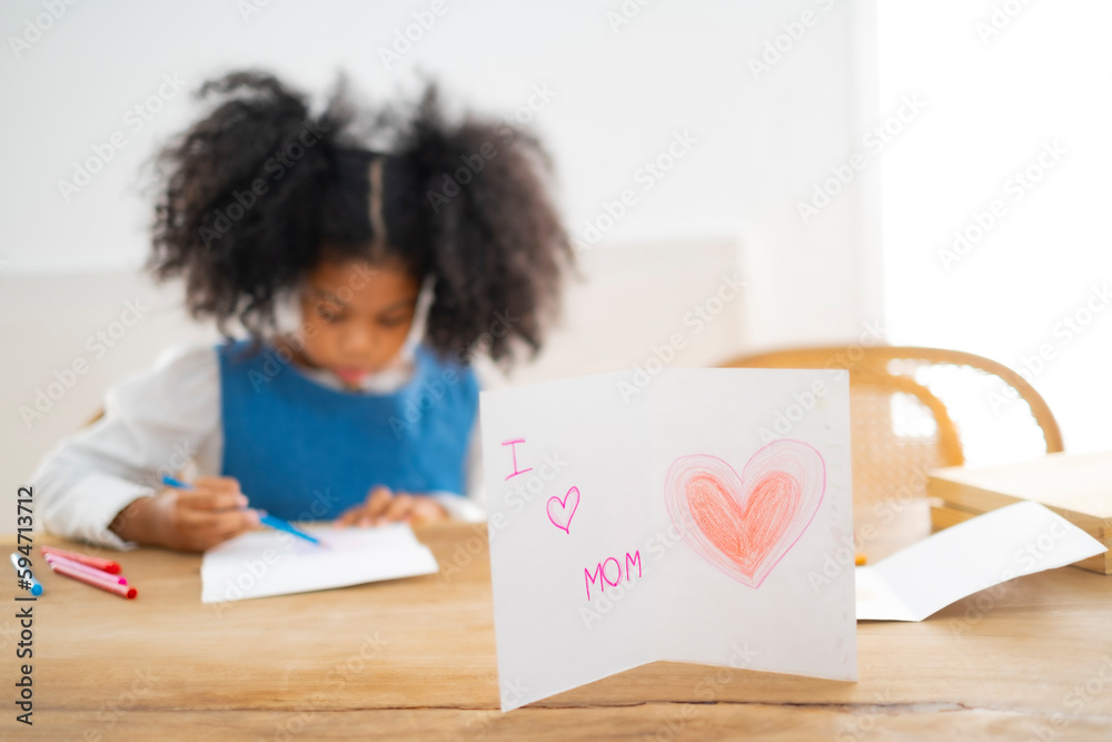 Focus at Mother's day card with blur kid using color pencil drawing ...