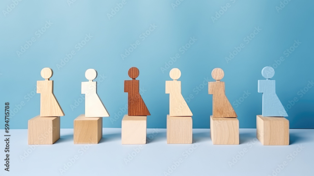 Wooden figures of people against a blue background. Concept of equality ...
