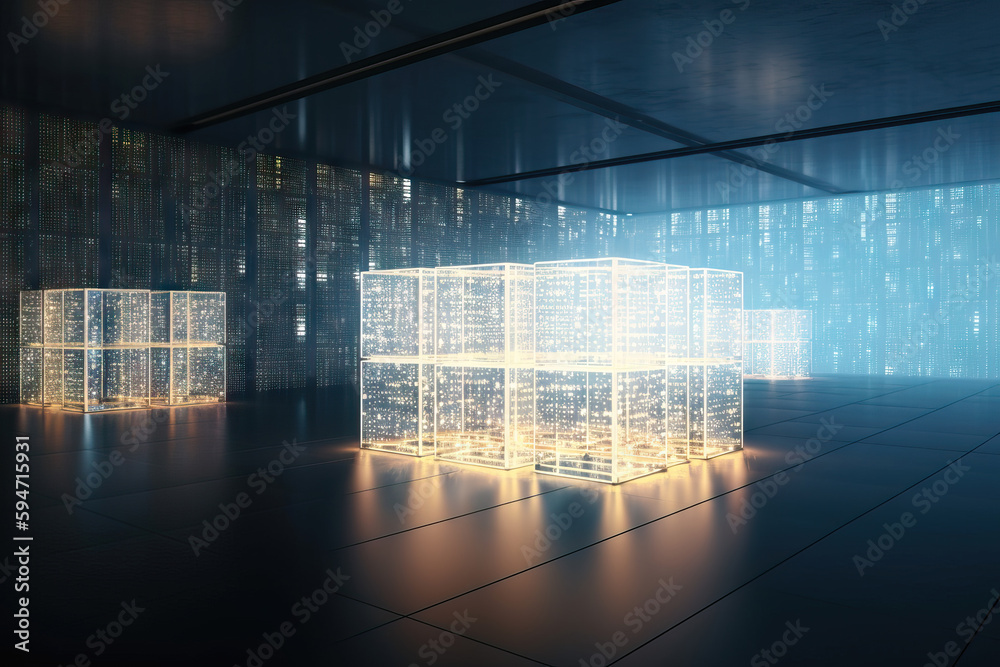 Generative AI picture of futuristic room interior with glowing digital ...