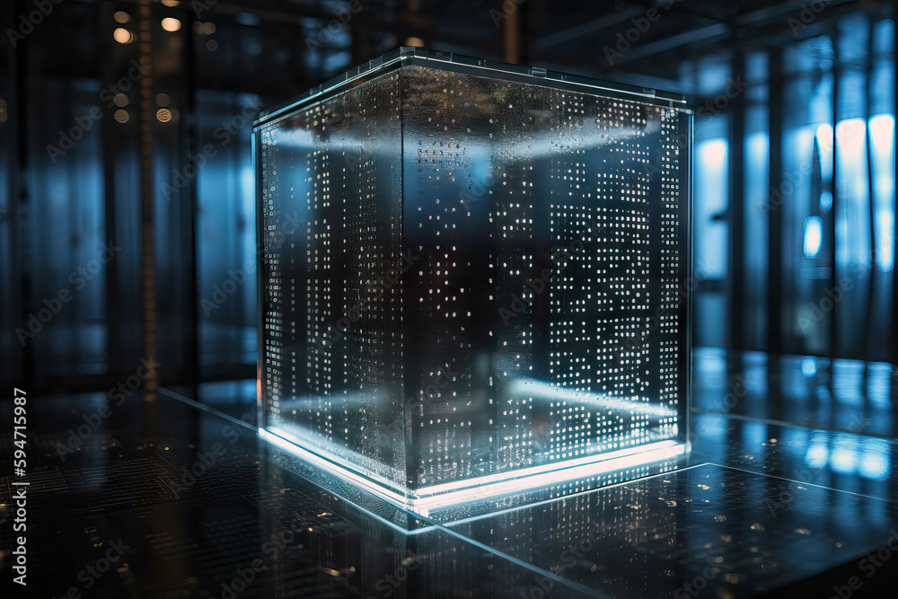 Generative AI illustration of transparent glass square box with circuit ...