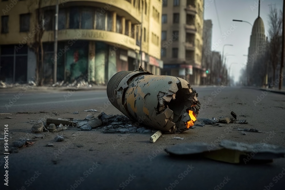 Remains of a fallen mortar shell on a street, destroyed buildings ...